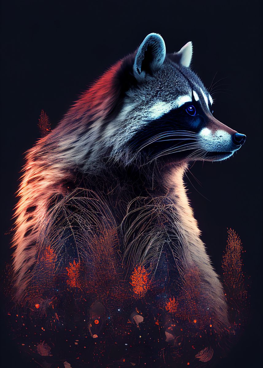 'Raccoon Animal Red' Poster, picture, metal print, paint by DecoyDesign ...