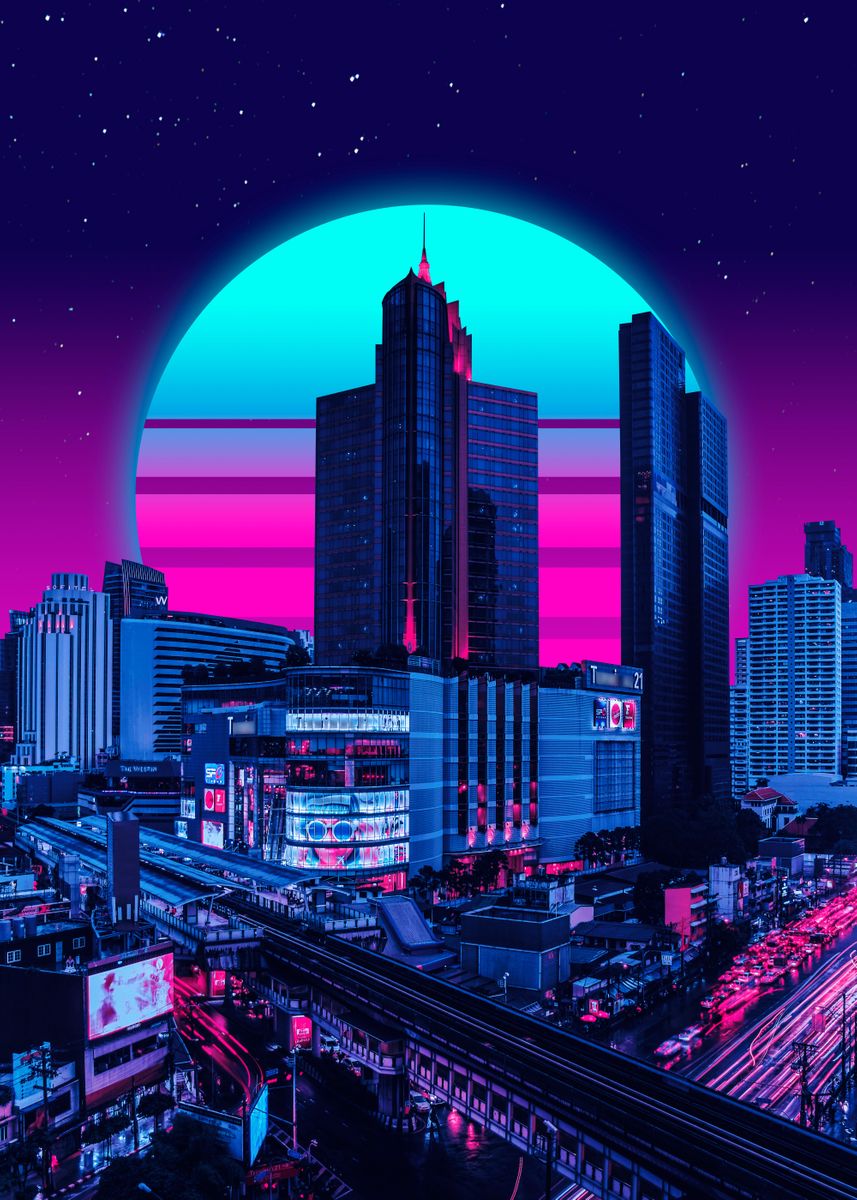 'Neon lit city' Poster, picture, metal print, paint by Funglazie | Displate