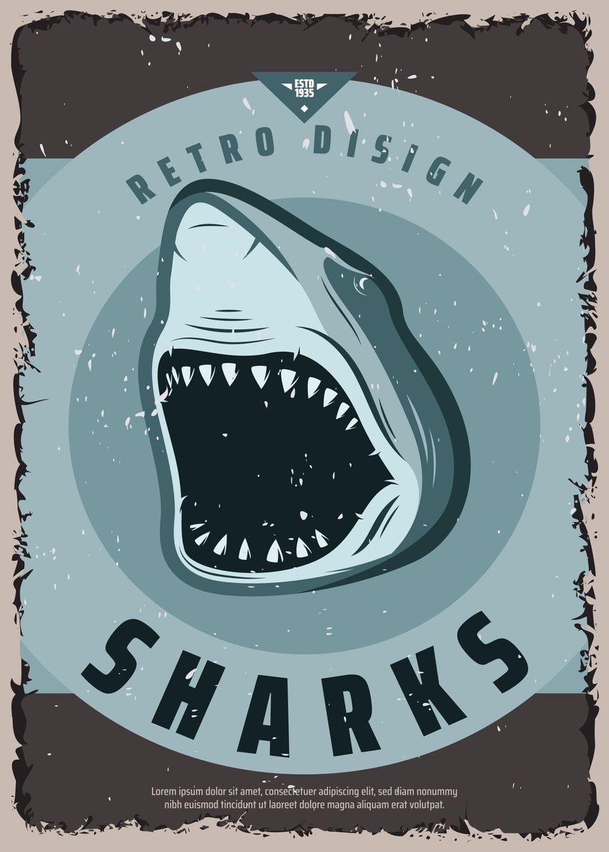'Retro Sharks' Poster, picture, metal print, paint by 3am | Displate