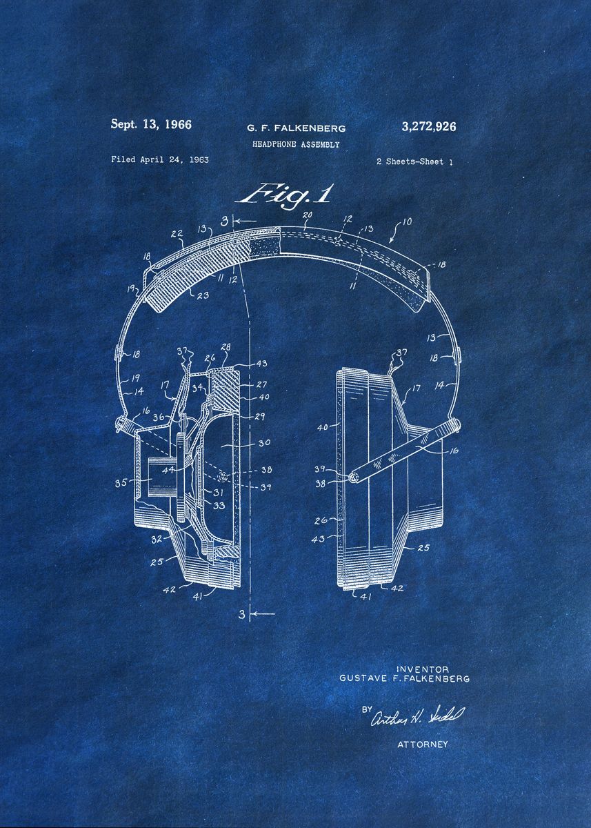 'Retro Headphones Blueprint' Poster, picture, metal print, paint by ...