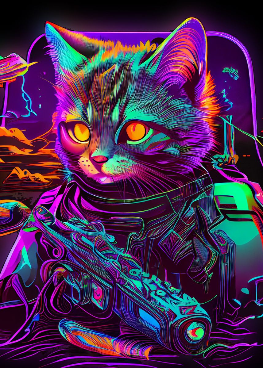 'Chat synthwave' Poster, picture, metal print, paint by Anawix4X | Displate