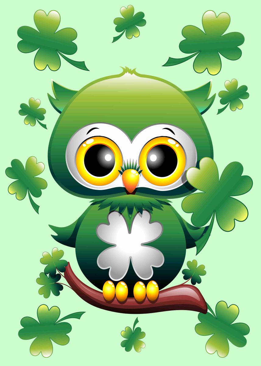 'Baby Owl St Patrick' Poster, picture, metal print, paint by Bluedarkat ...