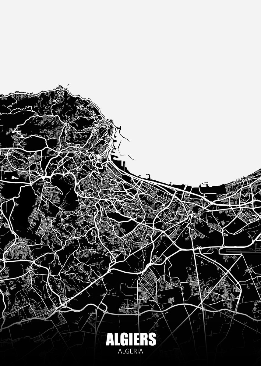 'Algiers Algeria Dark Map' Poster, picture, metal print, paint by Zake ...