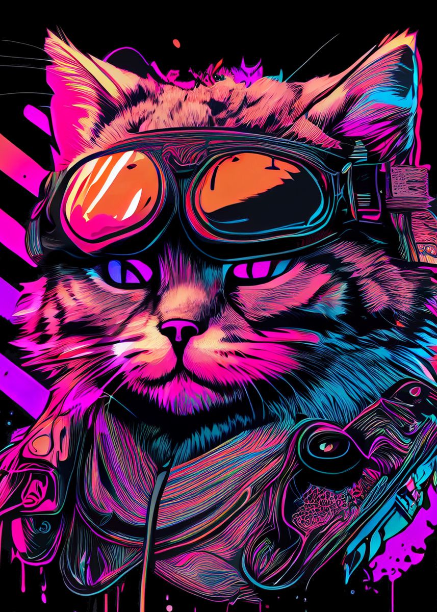 'Chat Synthwave' Poster, picture, metal print, paint by Anawix4X | Displate