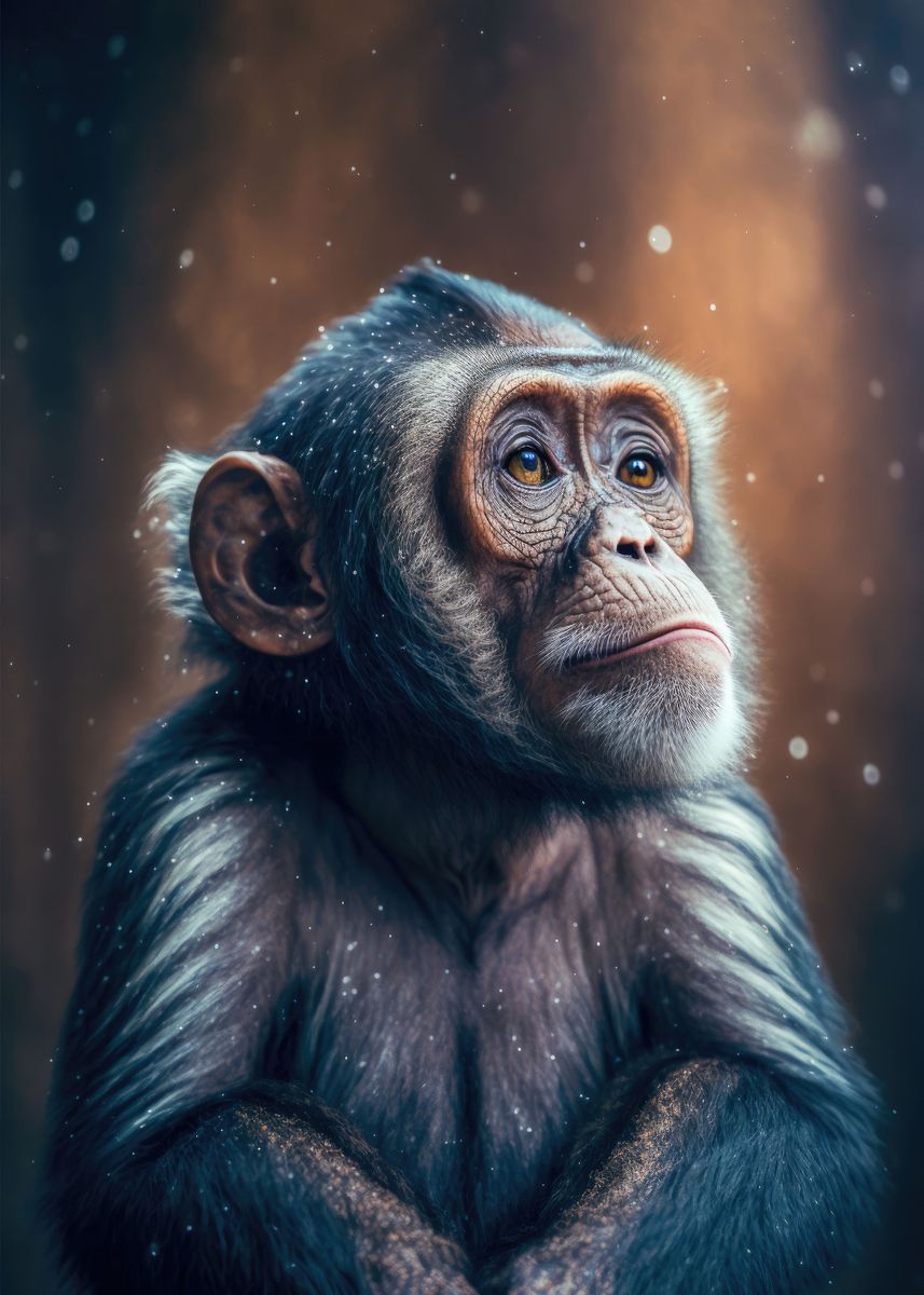 'Older Monkey enjoys snow' Poster, picture, metal print, paint by ...