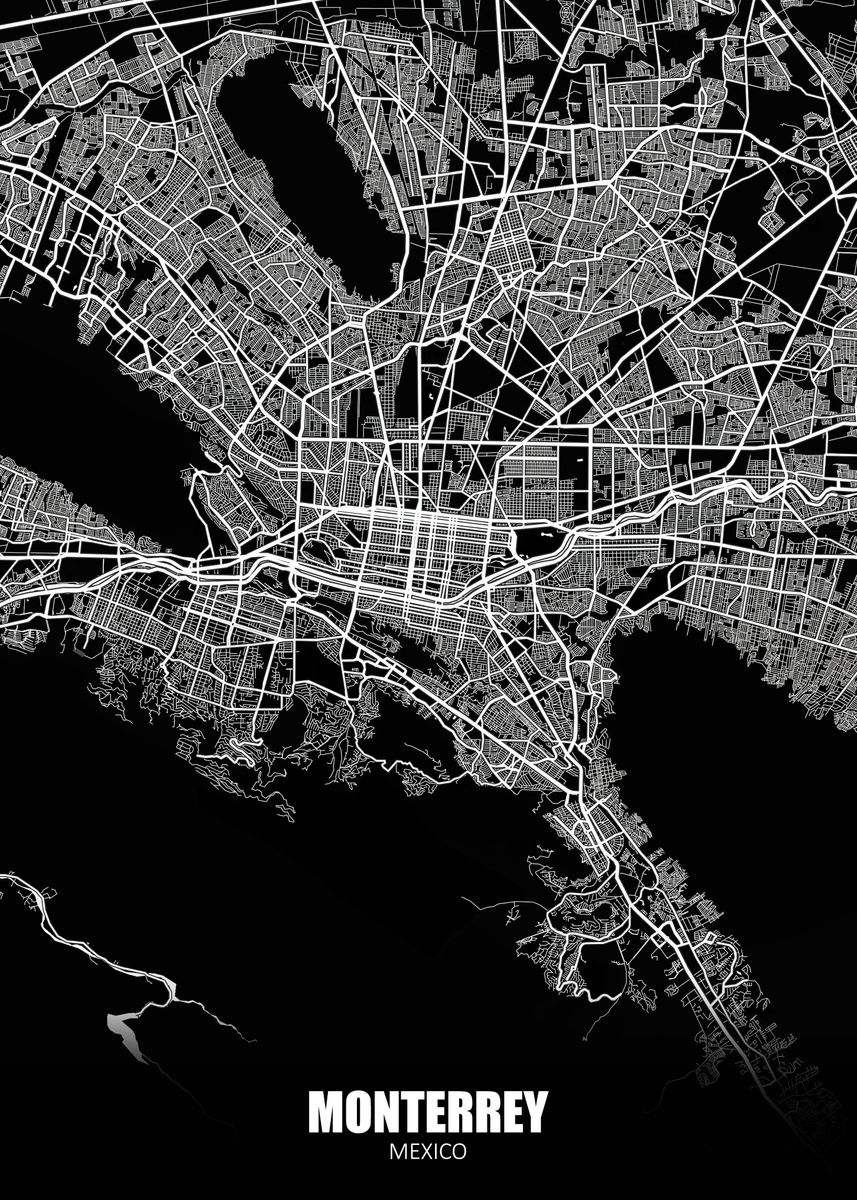 'Monterrey Mexico Dark Map' Poster, picture, metal print, paint by Zake ...