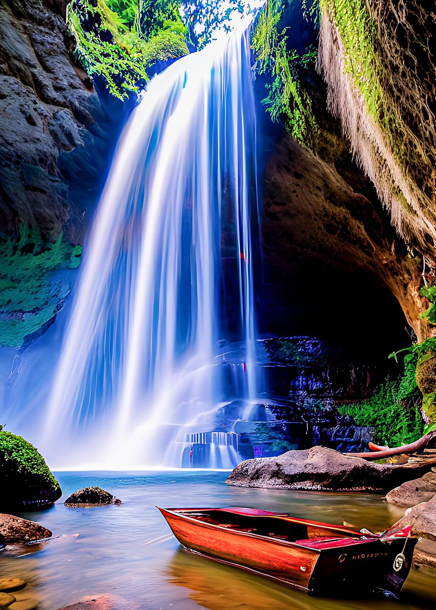 'Asian waterfall and boat' Poster, picture, metal print, paint by ...