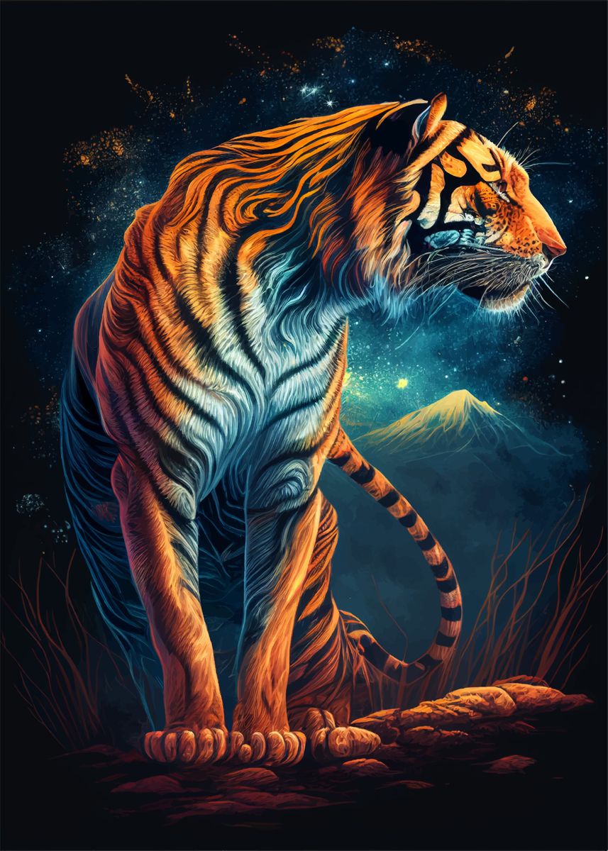 'A tiger at night' Poster, picture, metal print, paint by DB P | Displate