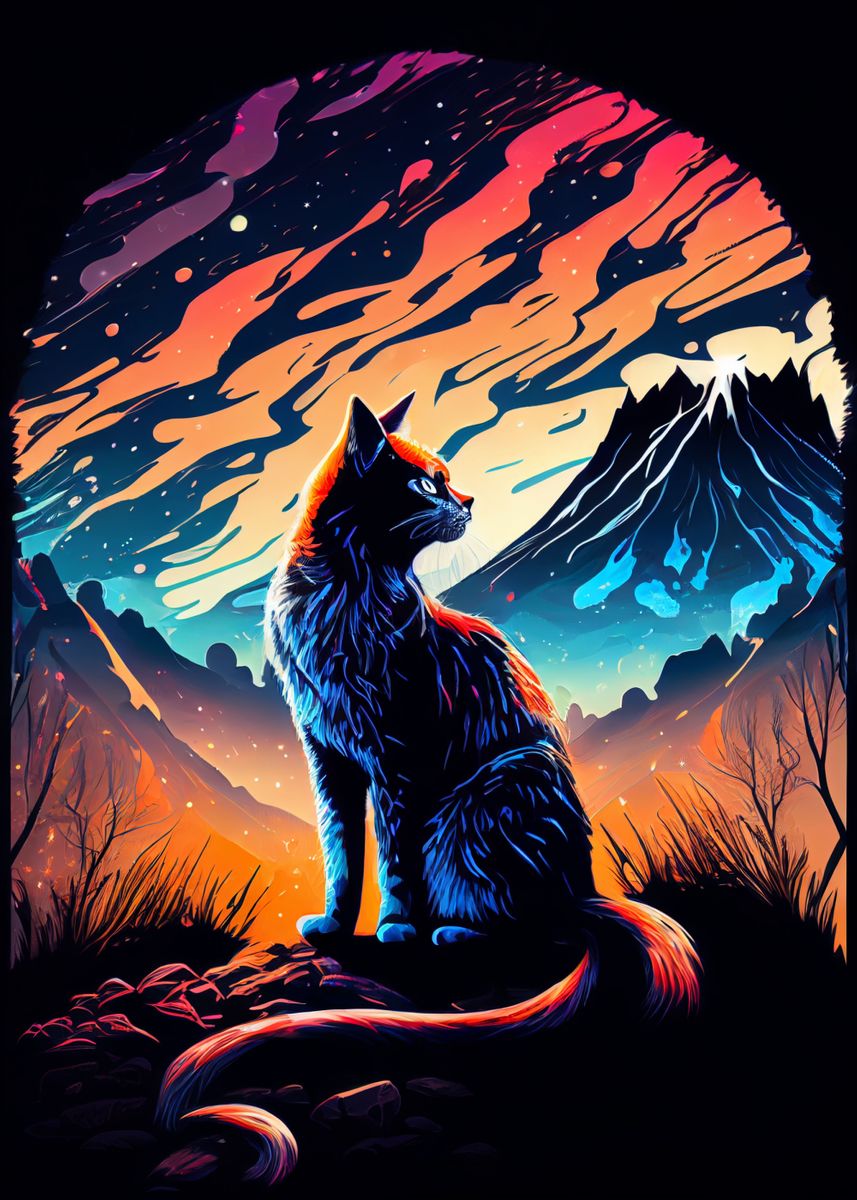 'Cat and the landscape' Poster, picture, metal print, paint by Digital ...