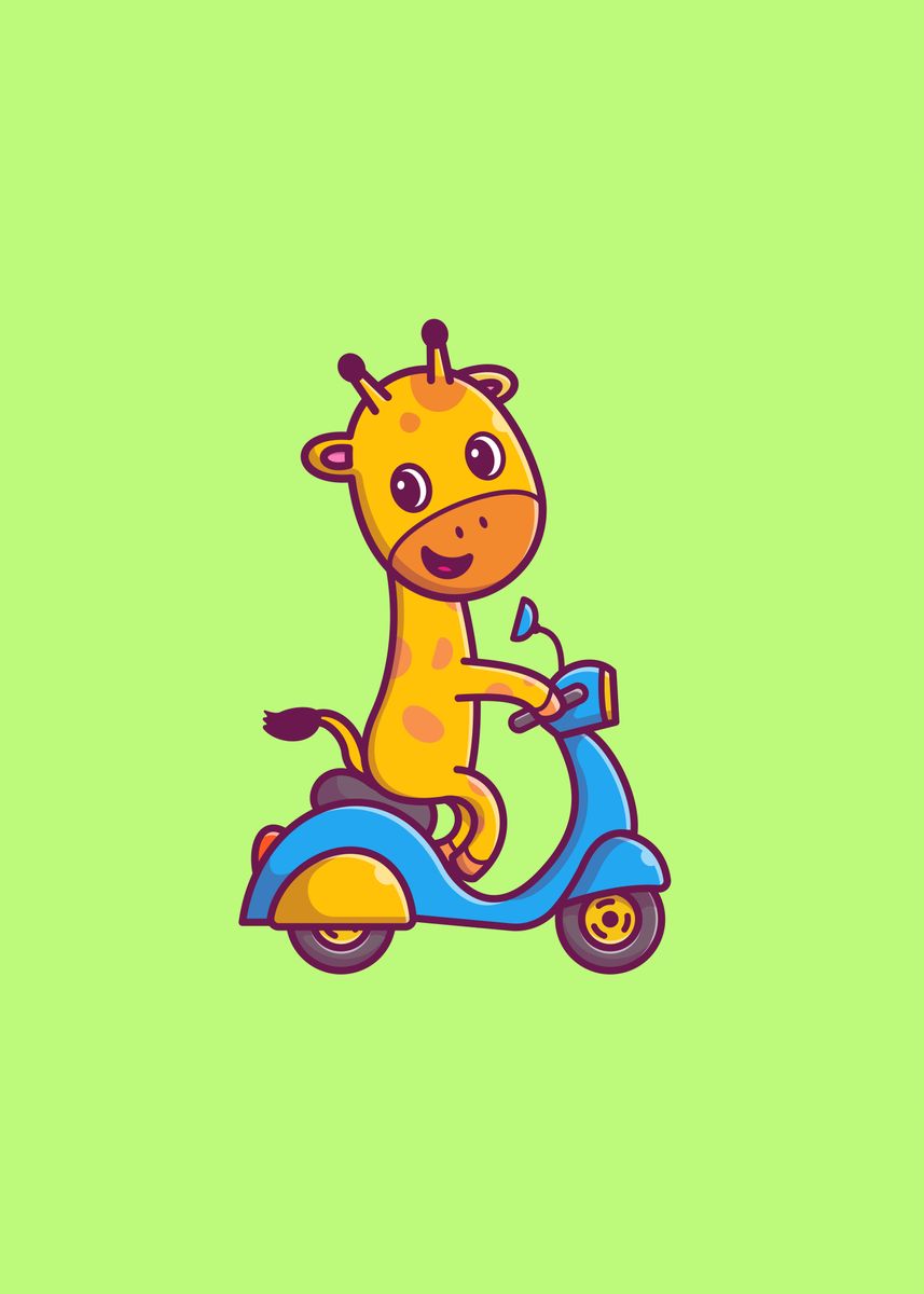 'Cute Giraffe Riding Bike' Poster, picture, metal print, paint by ...