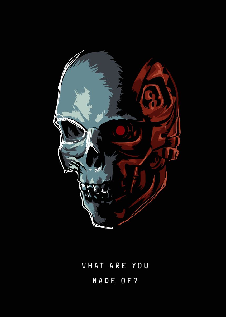 'skull half robot head' Poster, picture, metal print, paint by ...