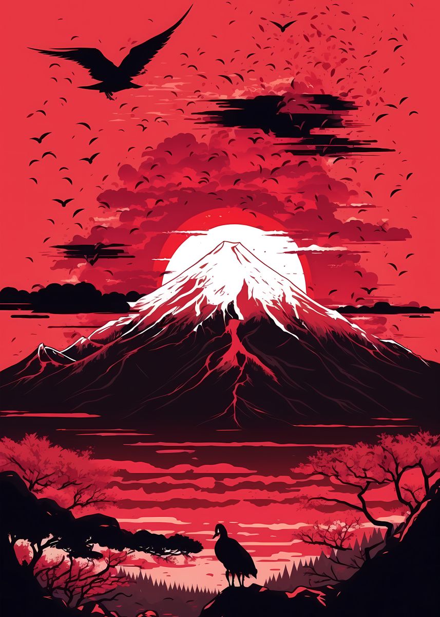 'Red Sunset over Mount Fuji' Poster, picture, metal print, paint by ...