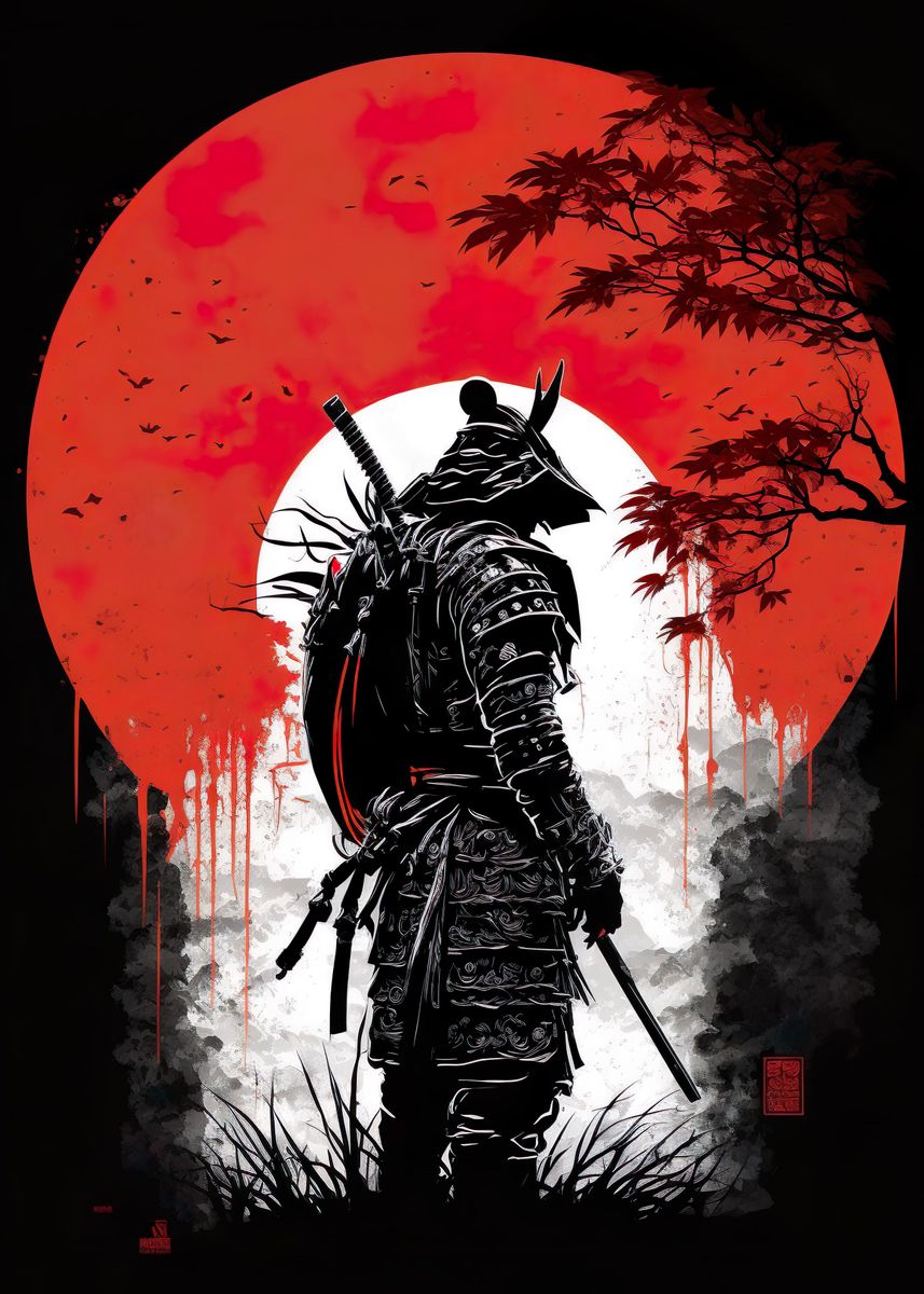 'Samurai on Red Sunset' Poster, picture, metal print, paint by LD Art ...