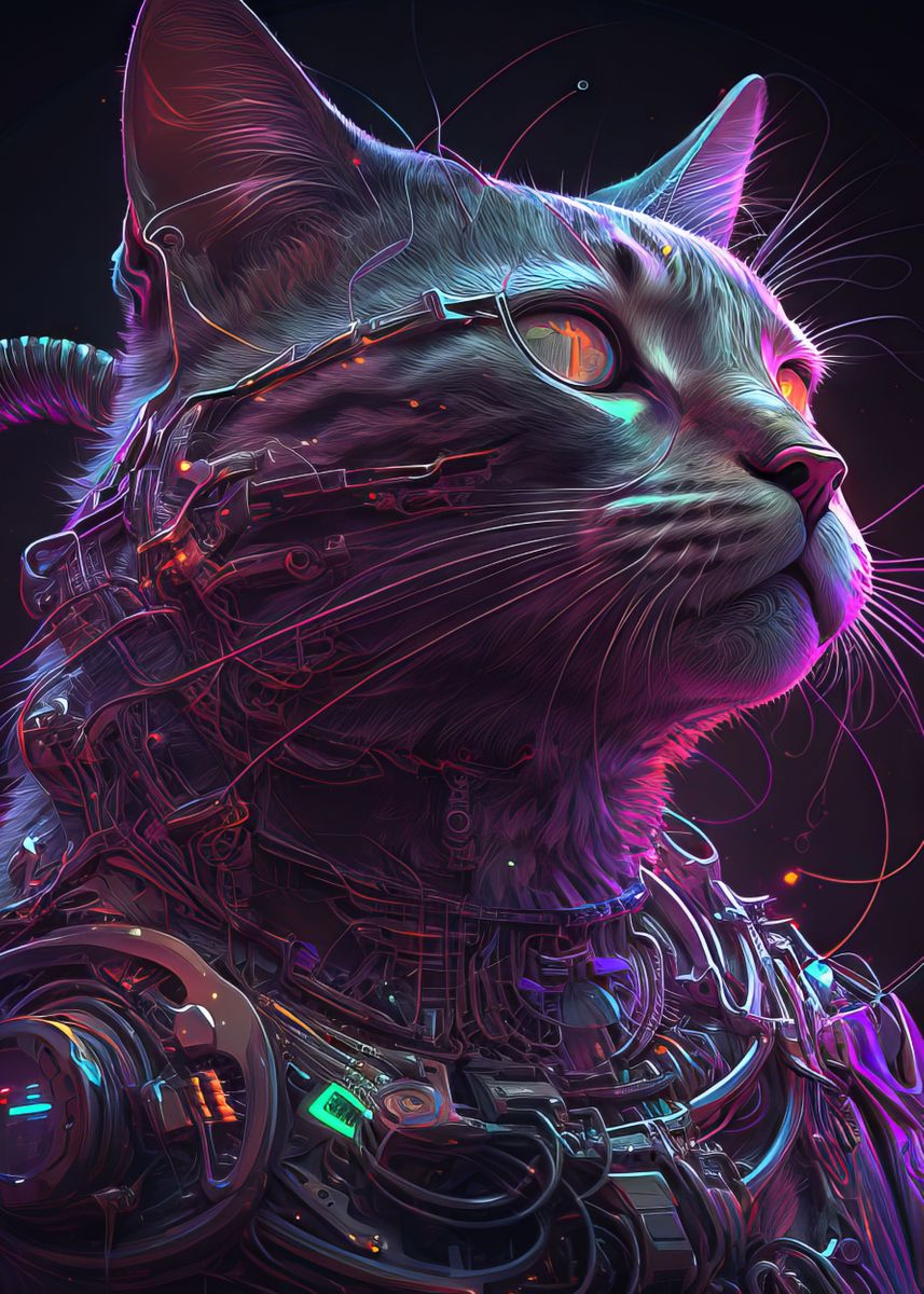 'Cyberpunk Cat' Poster, picture, metal print, paint by Muntwalt | Displate