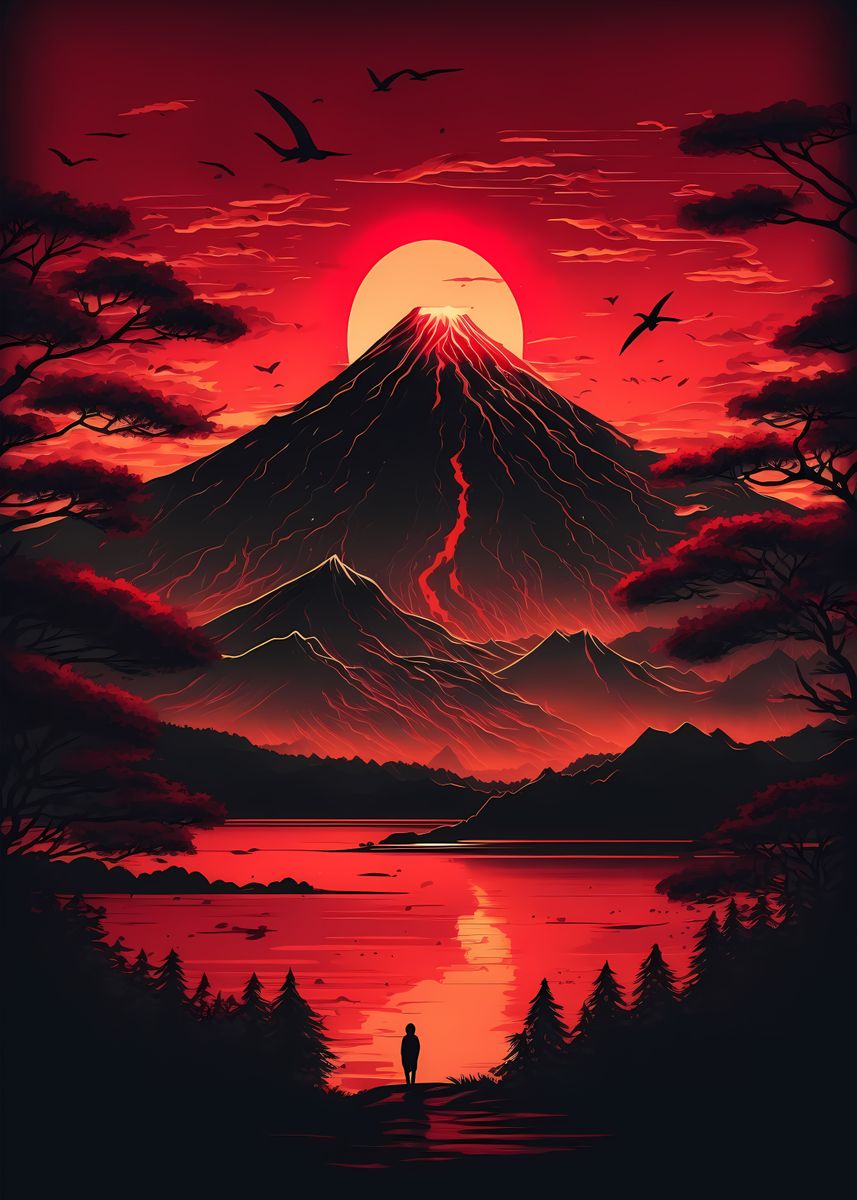 'Red Sunset over Mount Fuji' Poster, picture, metal print, paint by ...
