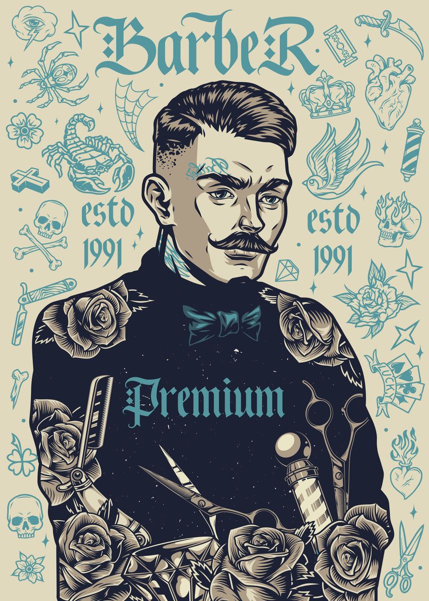 'Retro Barber' Poster, picture, metal print, paint by 3am | Displate