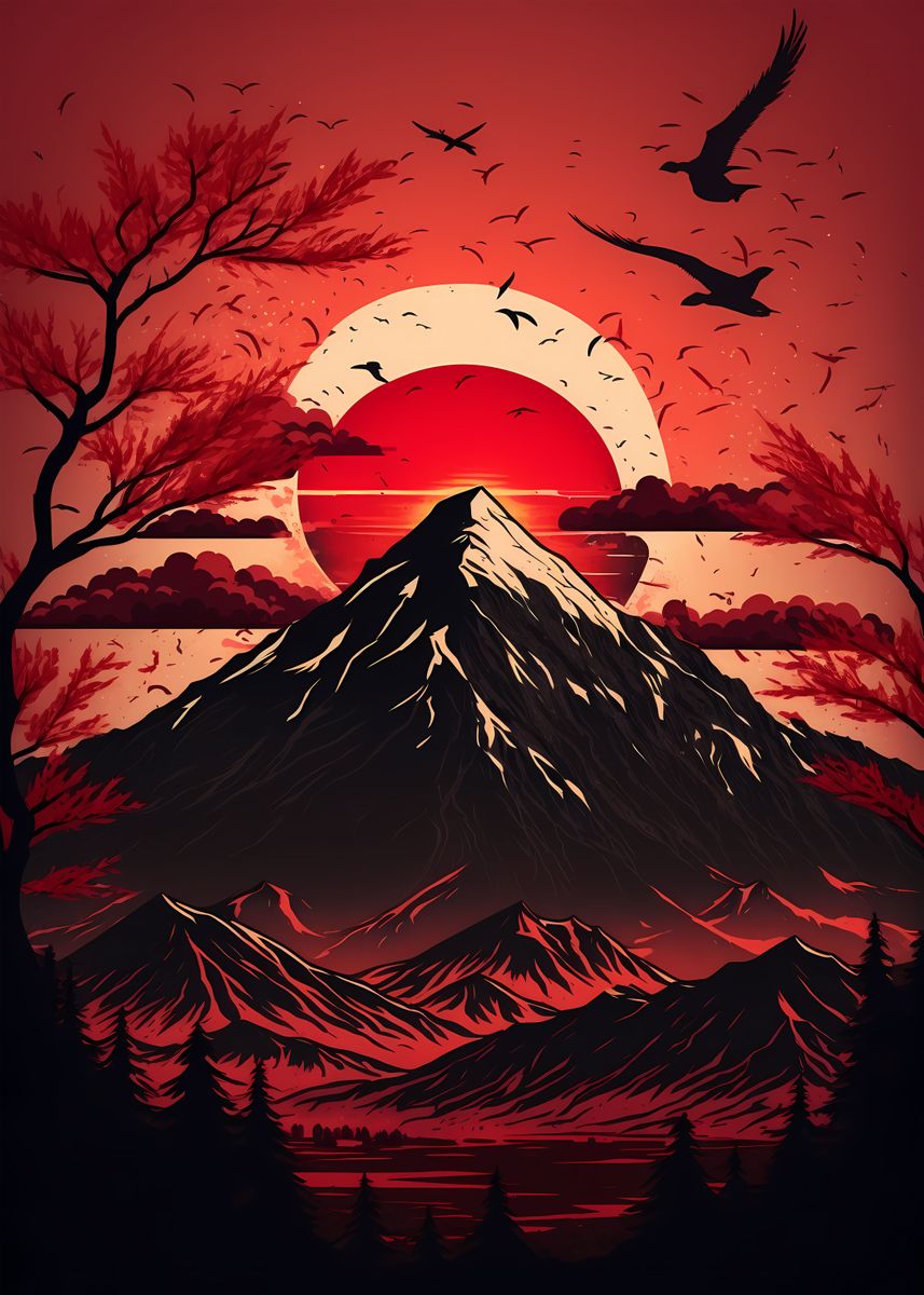 'Red Sunset over Mount Fuji' Poster, picture, metal print, paint by ...