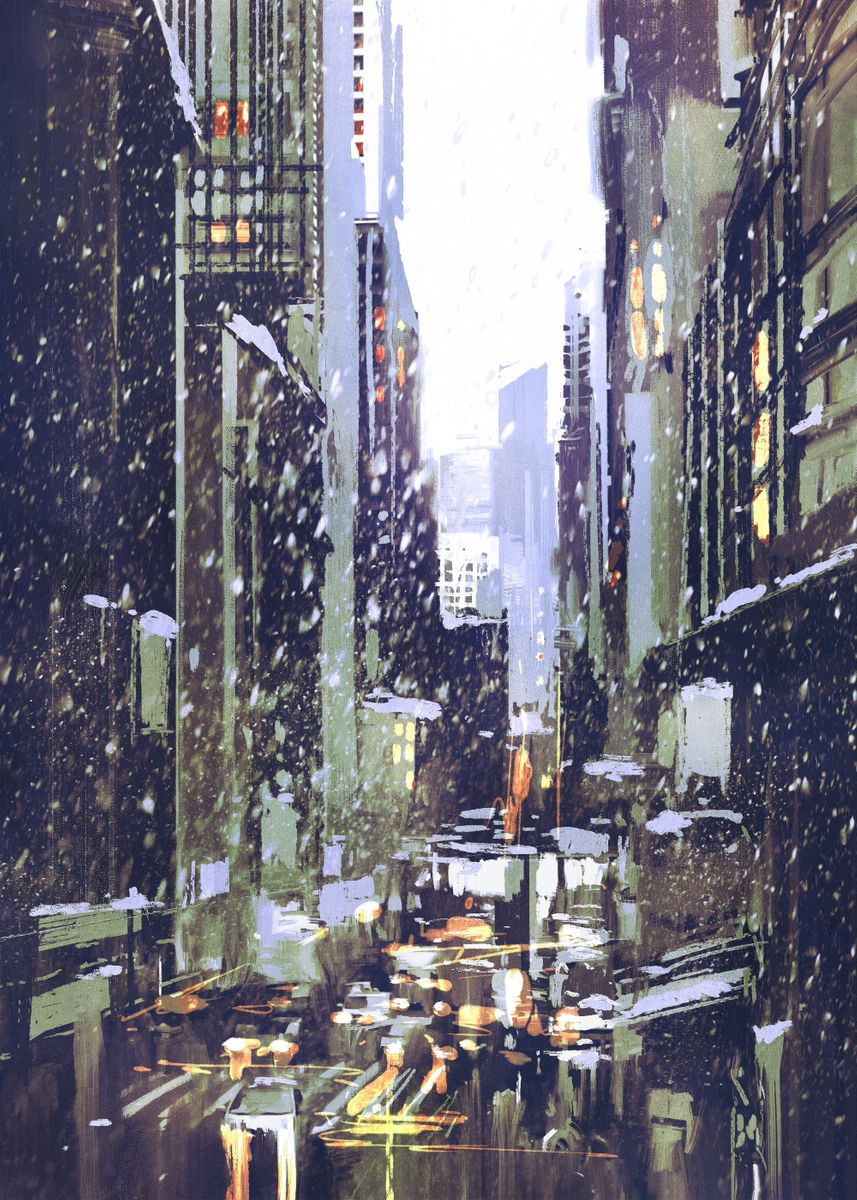 'winter city with snow' Poster, picture, metal print, paint by Color ...