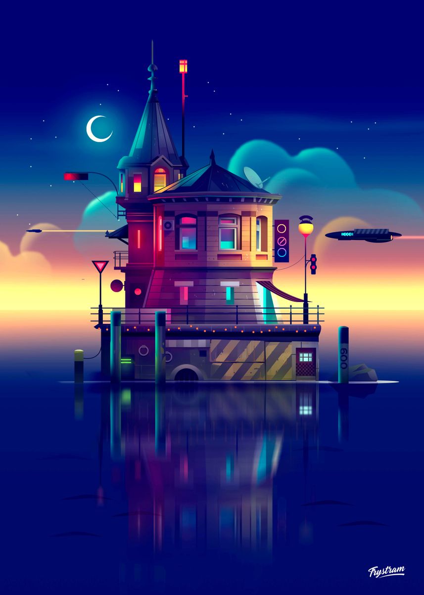 'The neon lighthouse' Poster, picture, metal print, paint by trystram ...