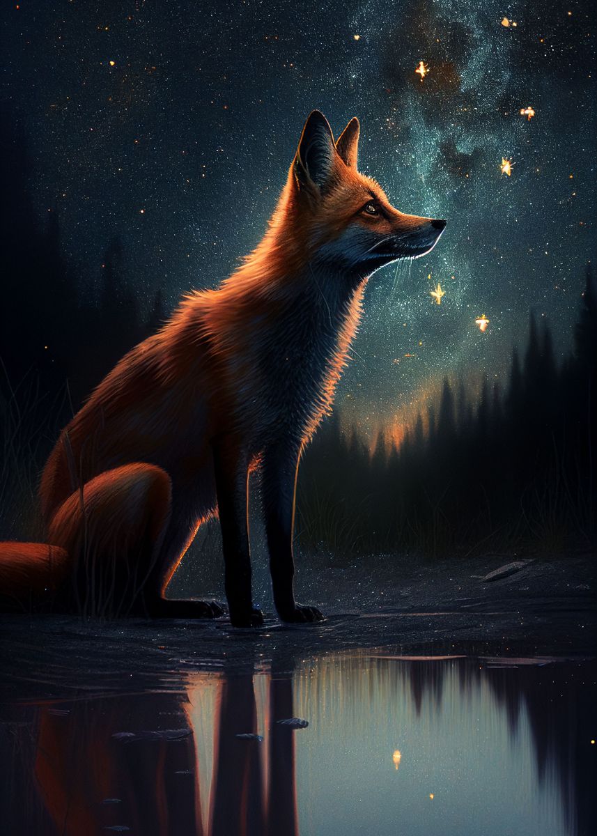'Fox Night Animal' Poster, picture, metal print, paint by DecoyDesign ...