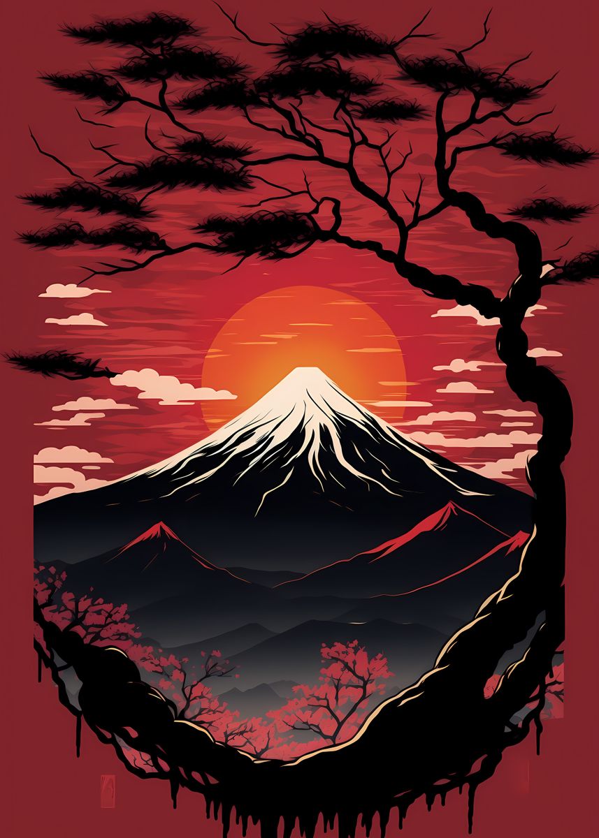 'Red Sunset over Mount Fuji' Poster, picture, metal print, paint by ...