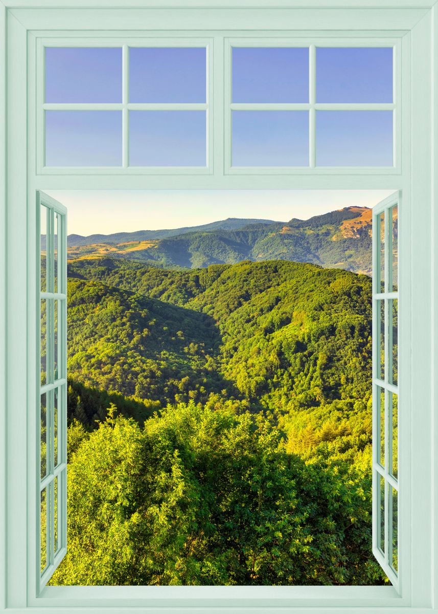 'Open window view mountain' Poster, picture, metal print, paint by ...