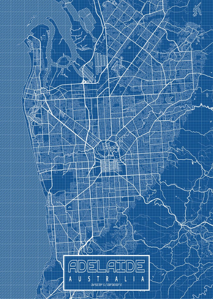 'Adelaide Map Blueprint' Poster, picture, metal print, paint by deMAP ...