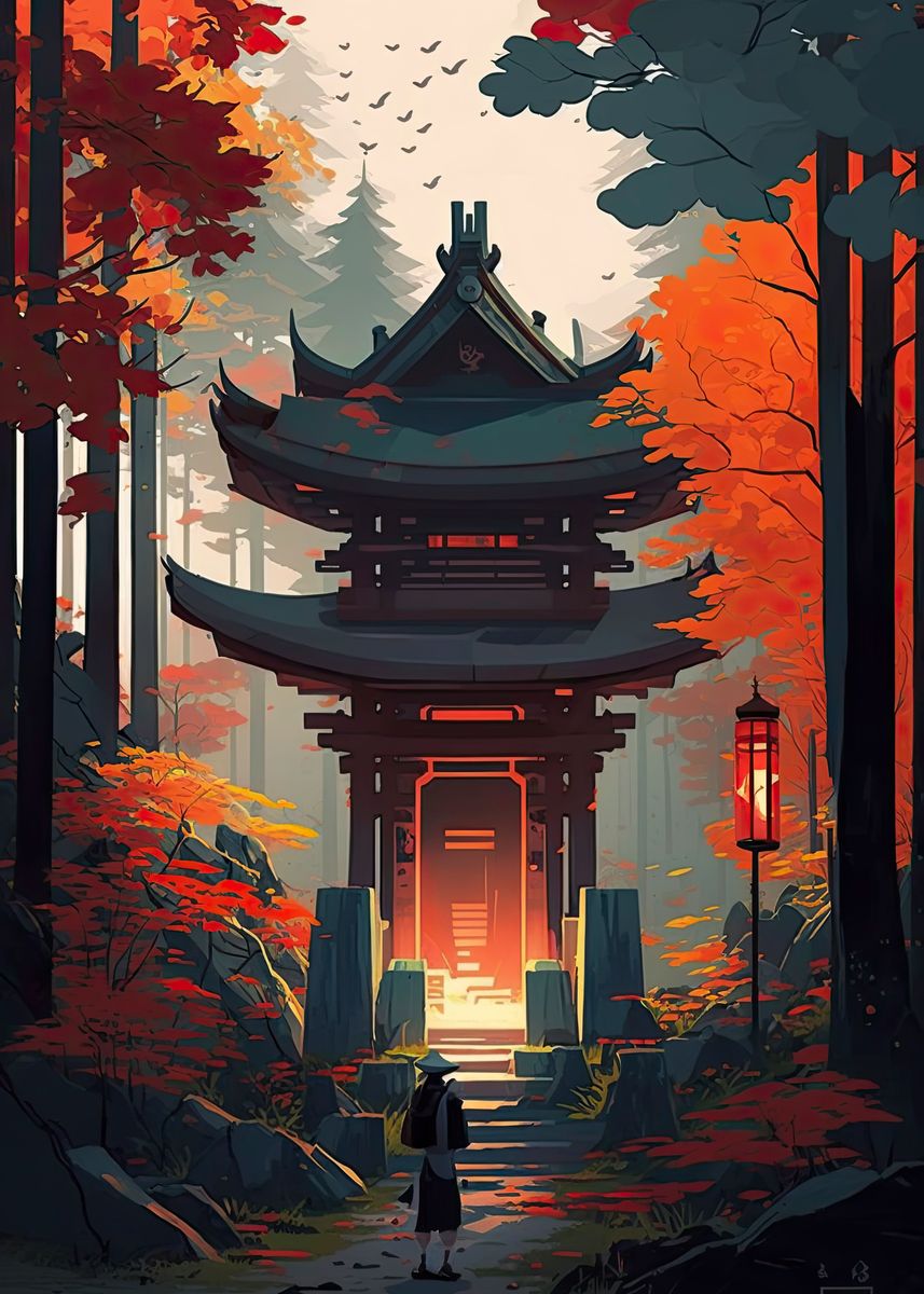 'Japanese Shrine' Poster, picture, metal print, paint by KyzArt | Displate