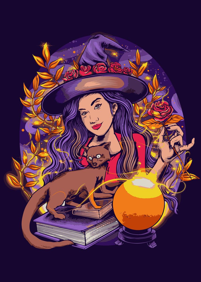 'Beautiful witch with a fox' Poster, picture, metal print, paint by ...