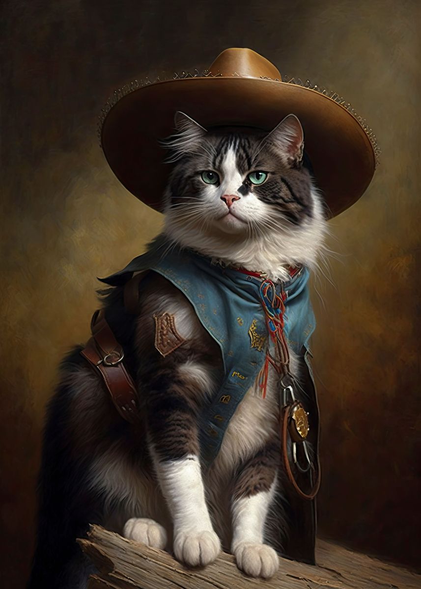 'Cowboy Cat' Poster, picture, metal print, paint by KyzArt | Displate