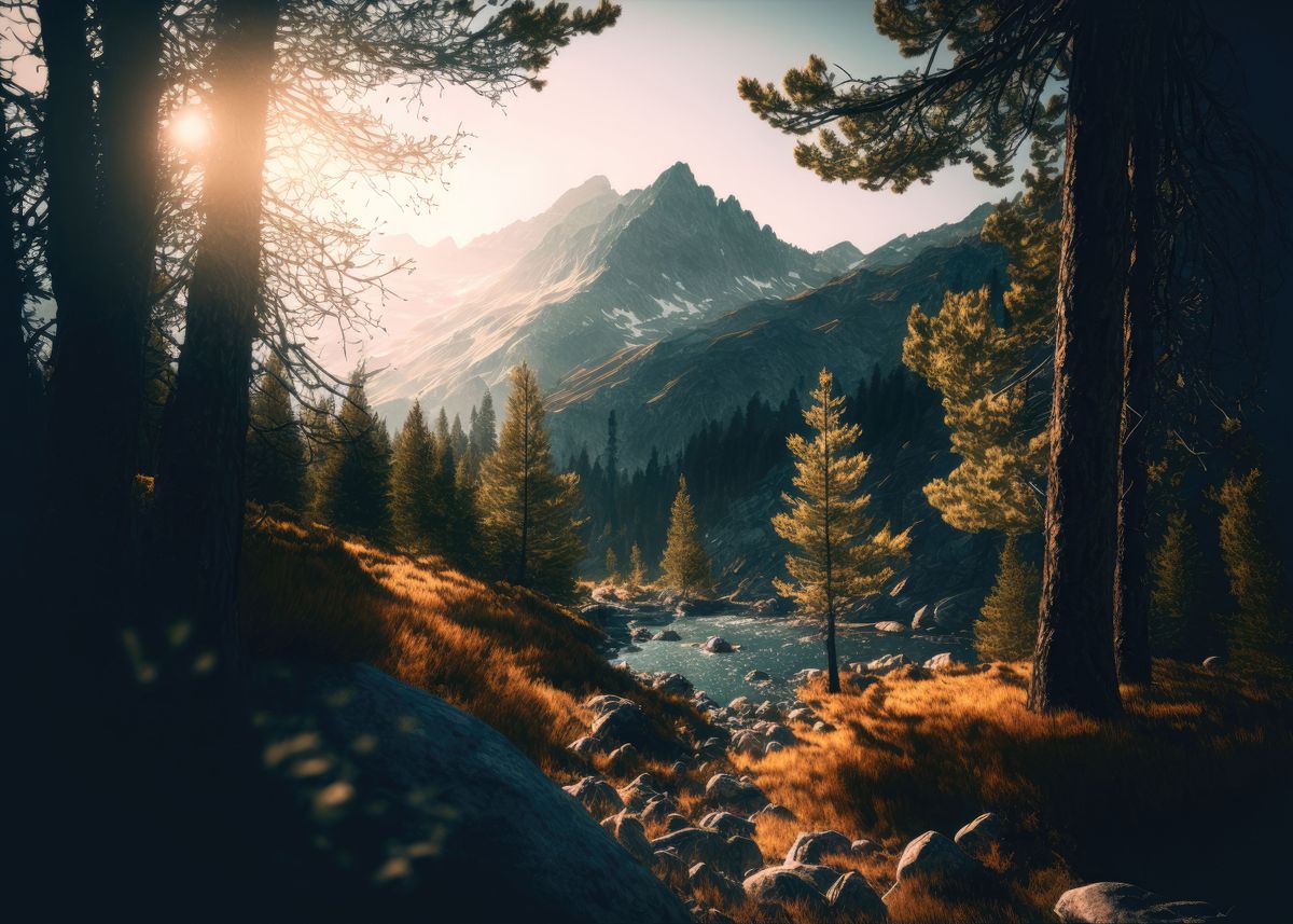 'Golden Sun Mountain Forest' Poster by murtzart | Displate