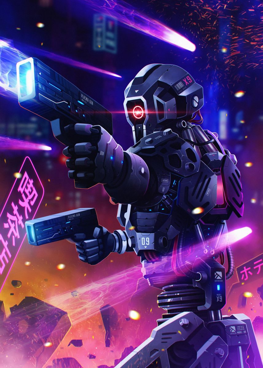 'Cyberpunk Robot Gunfight' Poster, picture, metal print, paint by B ...