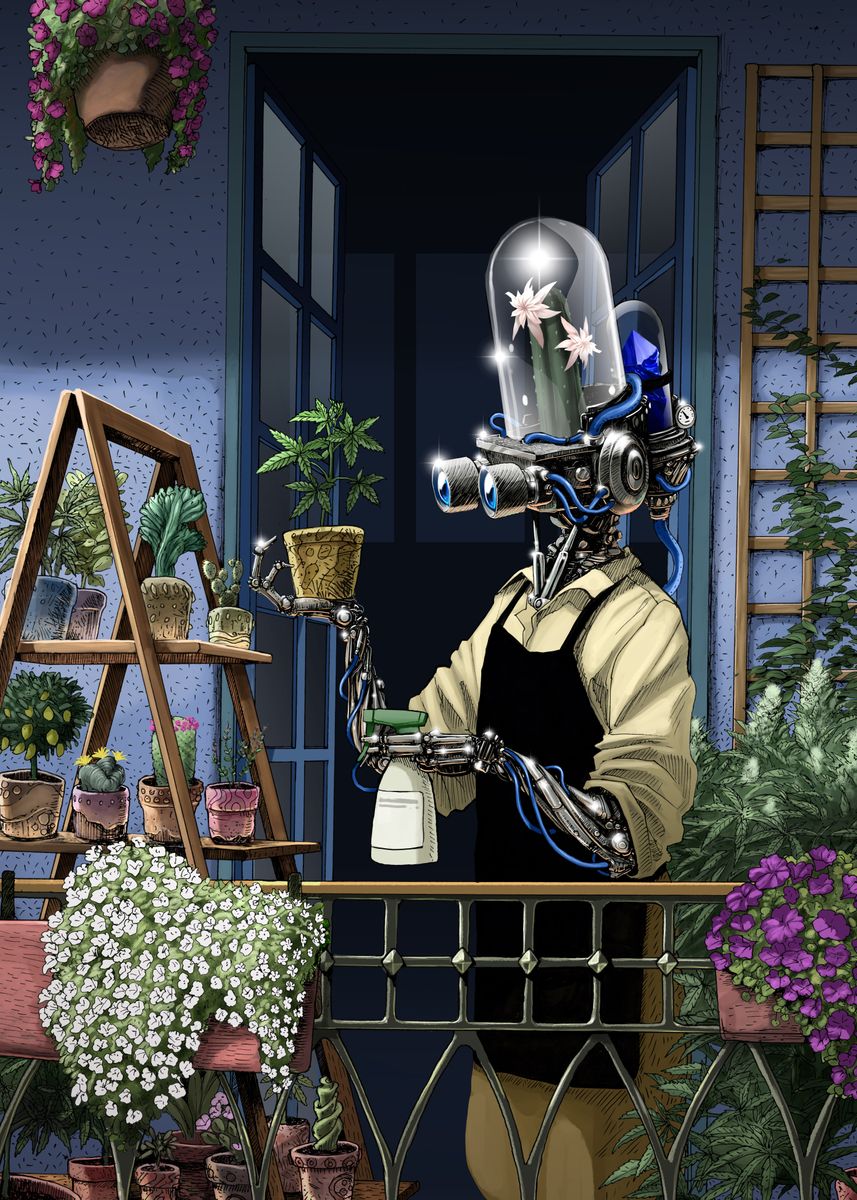 'GARDENER ROBOT IN THE BALC' Poster by Julian Bustos | Displate