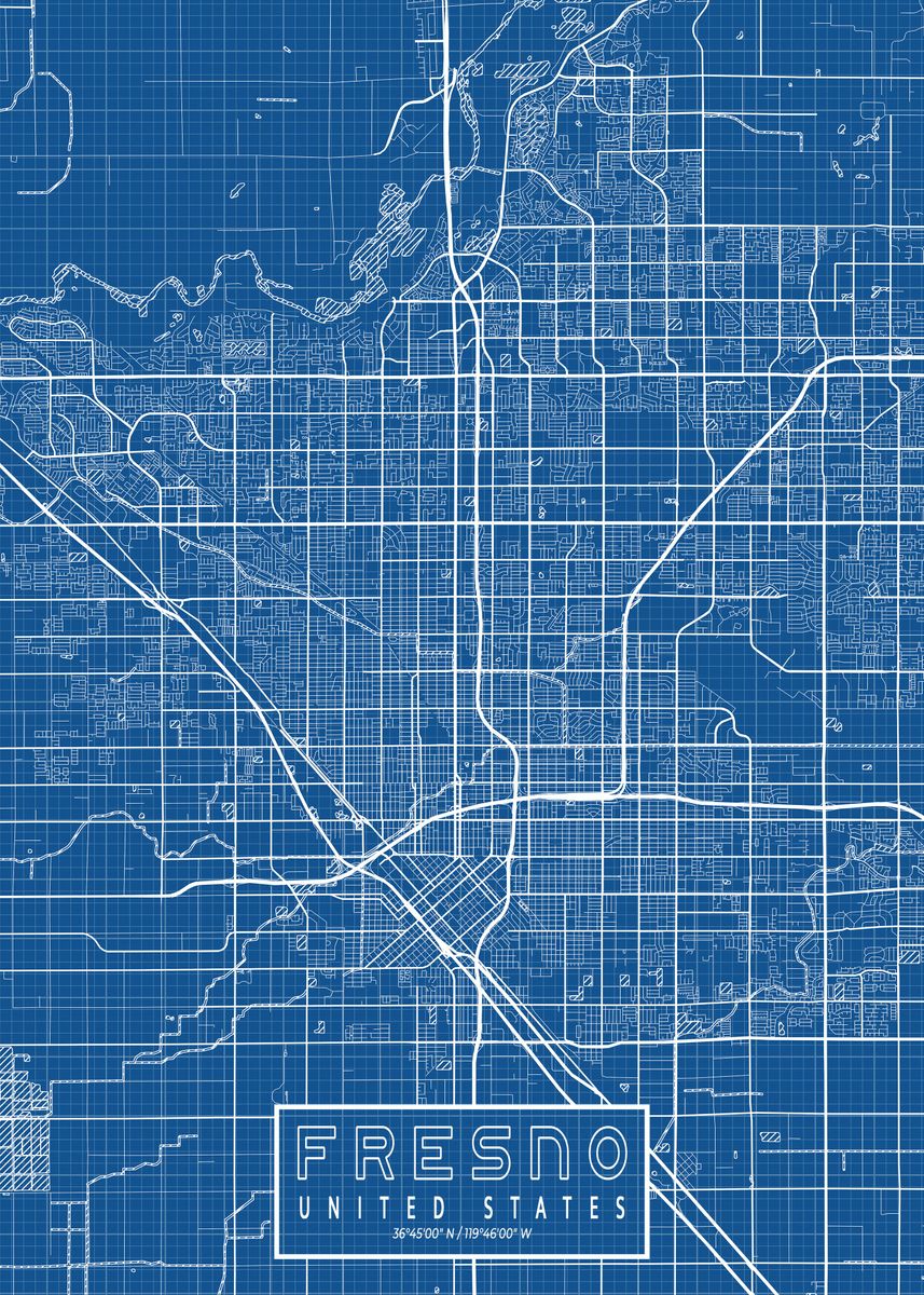 'Fresno City Map Blueprint' Poster, picture, metal print, paint by ...