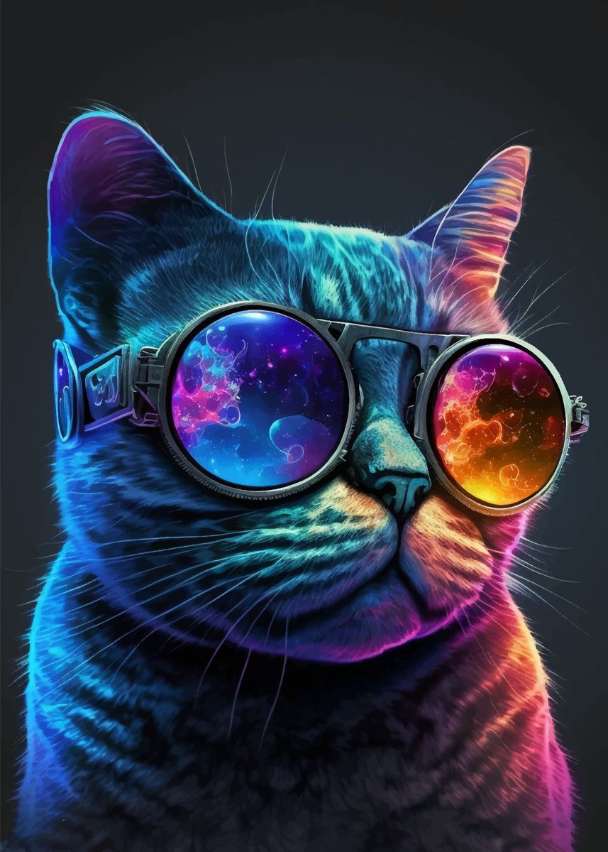 'Neon NERD Cat' Poster, picture, metal print, paint by BnWDesigner ...