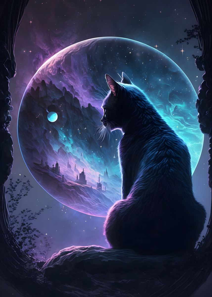 'Cat Moon and Stars' Poster, picture, metal print, paint by Japanese art best | Displate