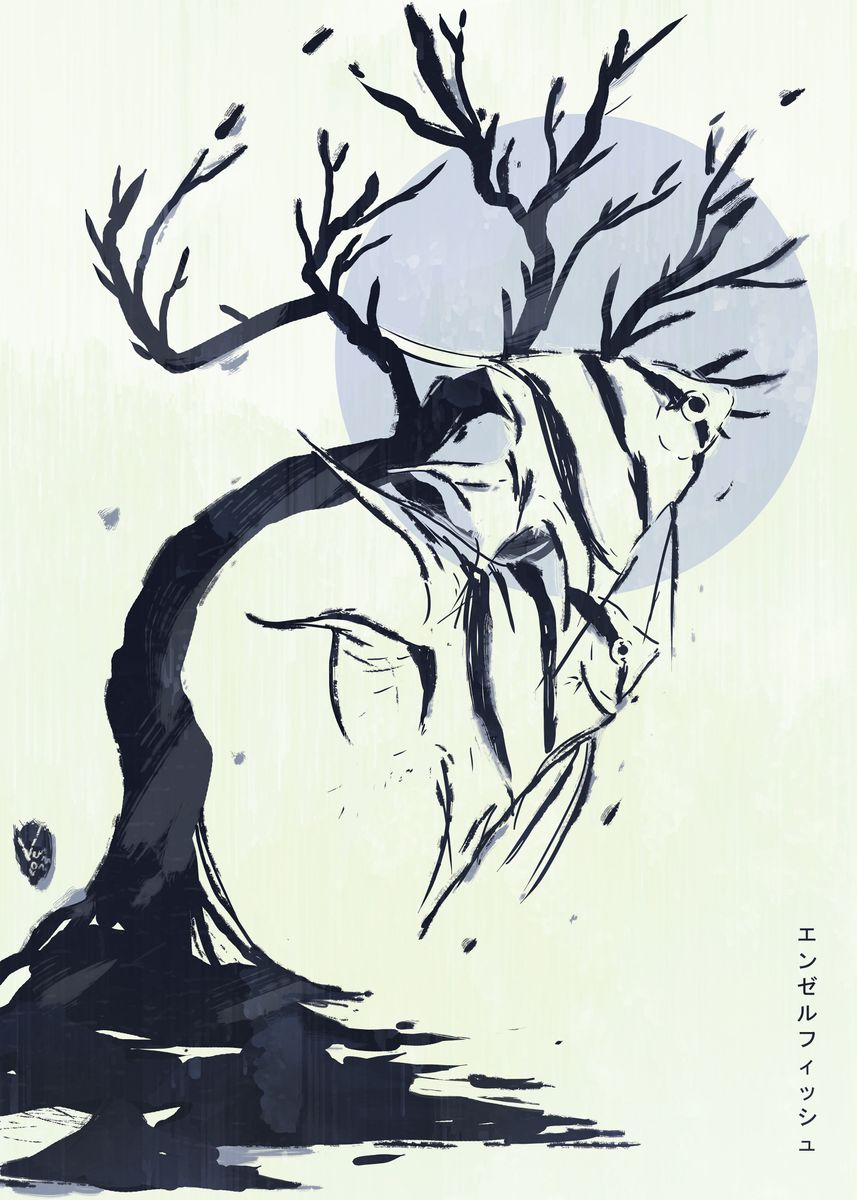 'Angel Tree Ink ' Poster, picture, metal print, paint by Vertei | Displate