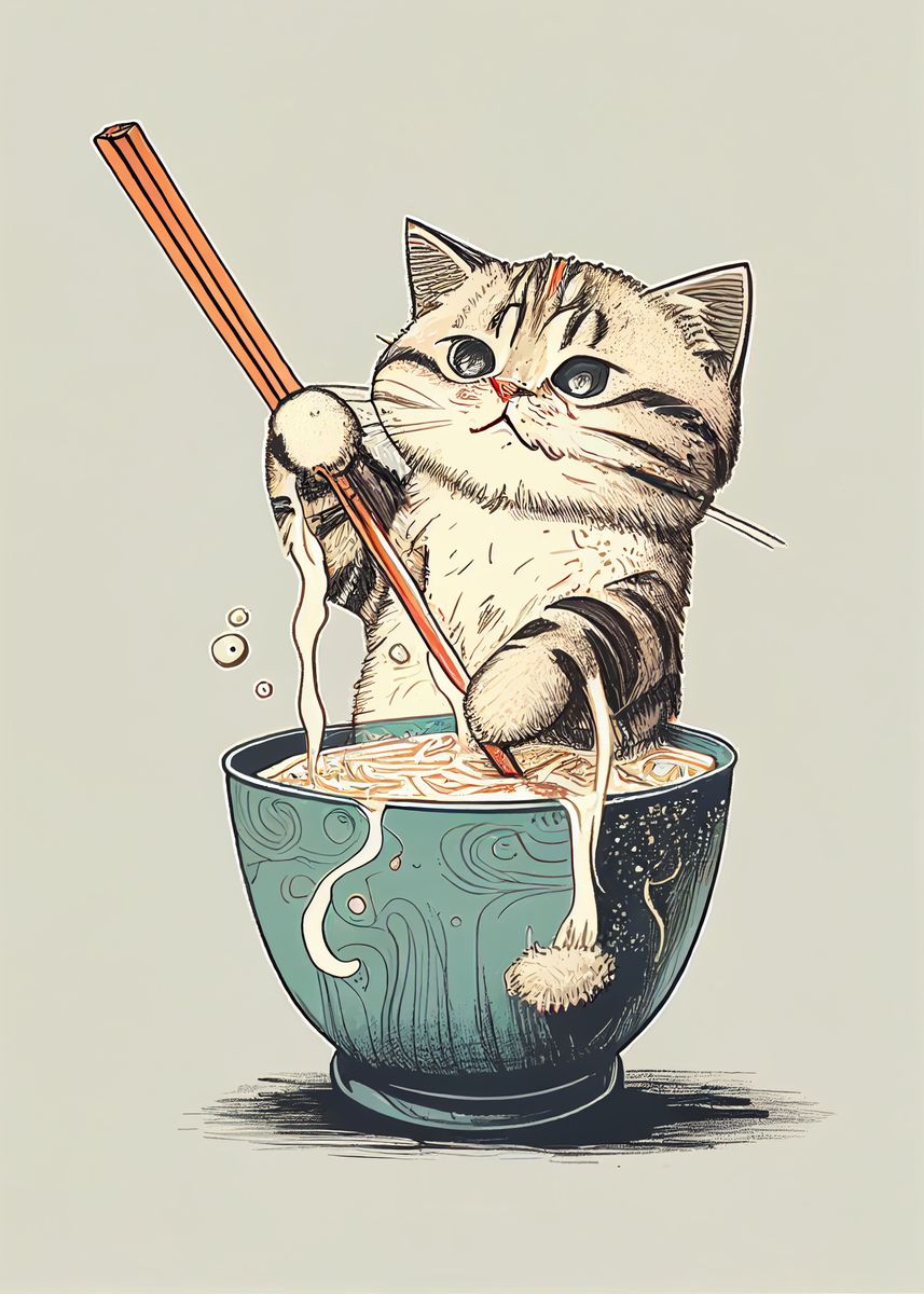 'Cat Chopsticks Soup' Poster, picture, metal print, paint by Mesh ...