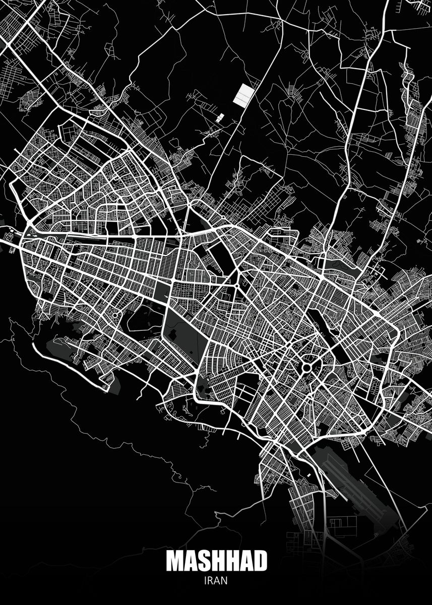 'Mashhad Iran Dark Map' Poster, picture, metal print, paint by Zake ...