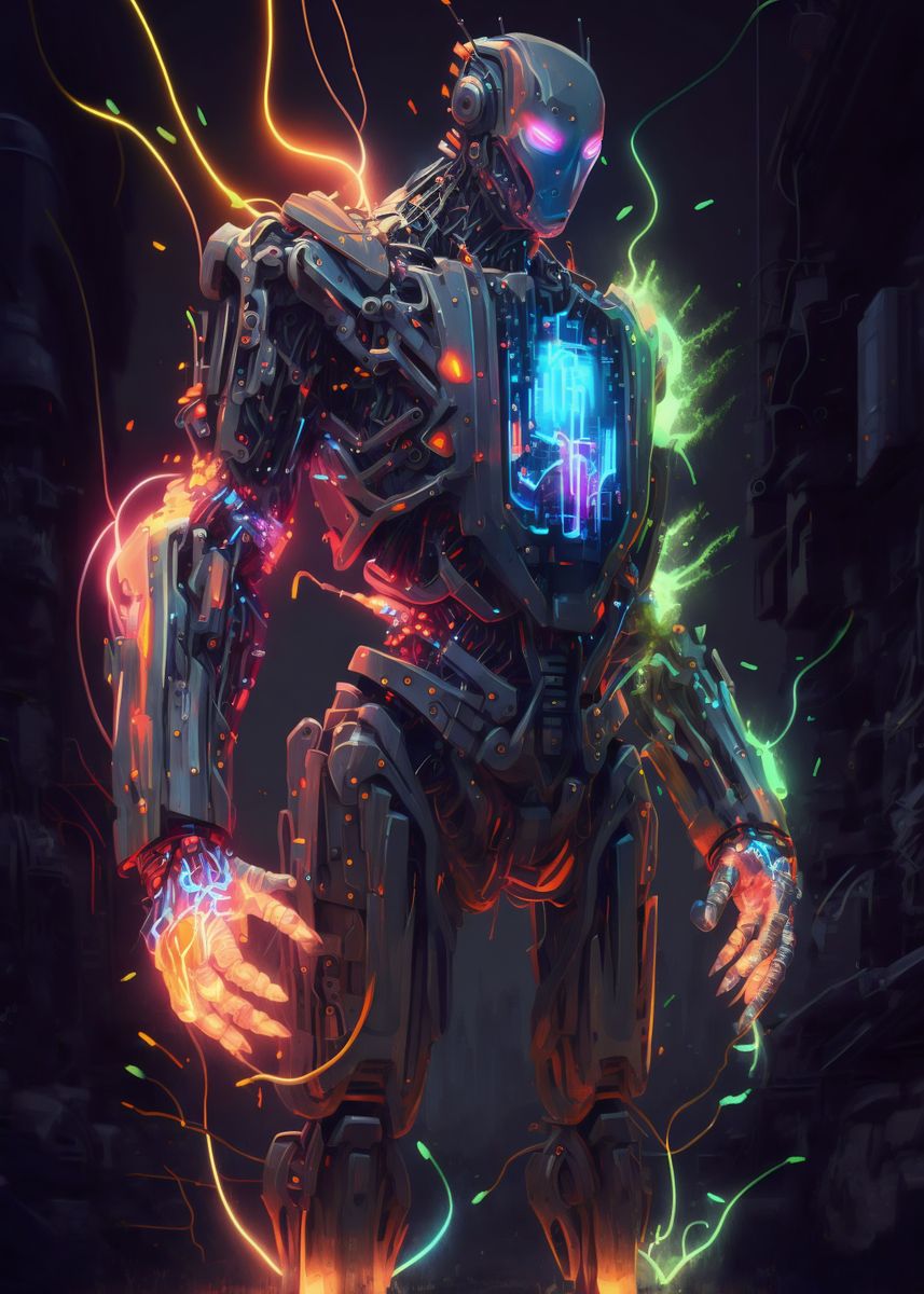 'Neon futuristic Robot' Poster, picture, metal print, paint by ...