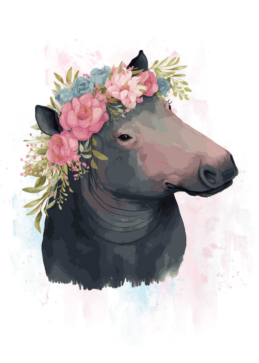 'Floral Watercolor Tapir' Poster, picture, metal print, paint by ...