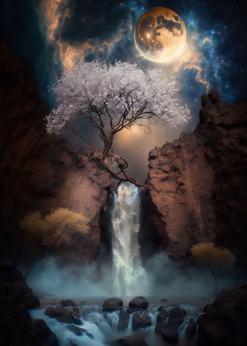 'Mystic Waterfall' Poster, picture, metal print, paint by Pixaverse | Displate