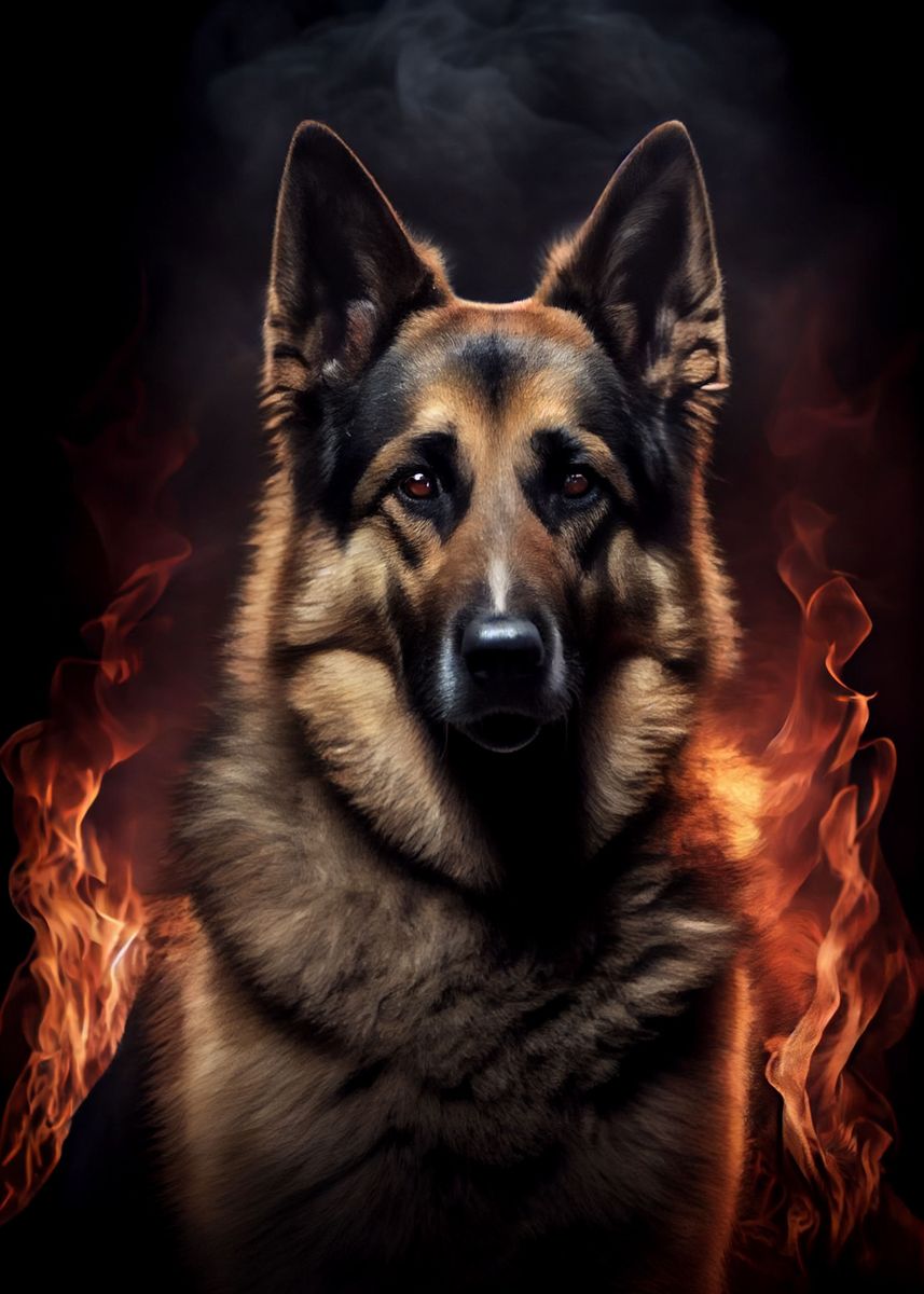 'German Shepherd Dog Fire' Poster, picture, metal print, paint by ...