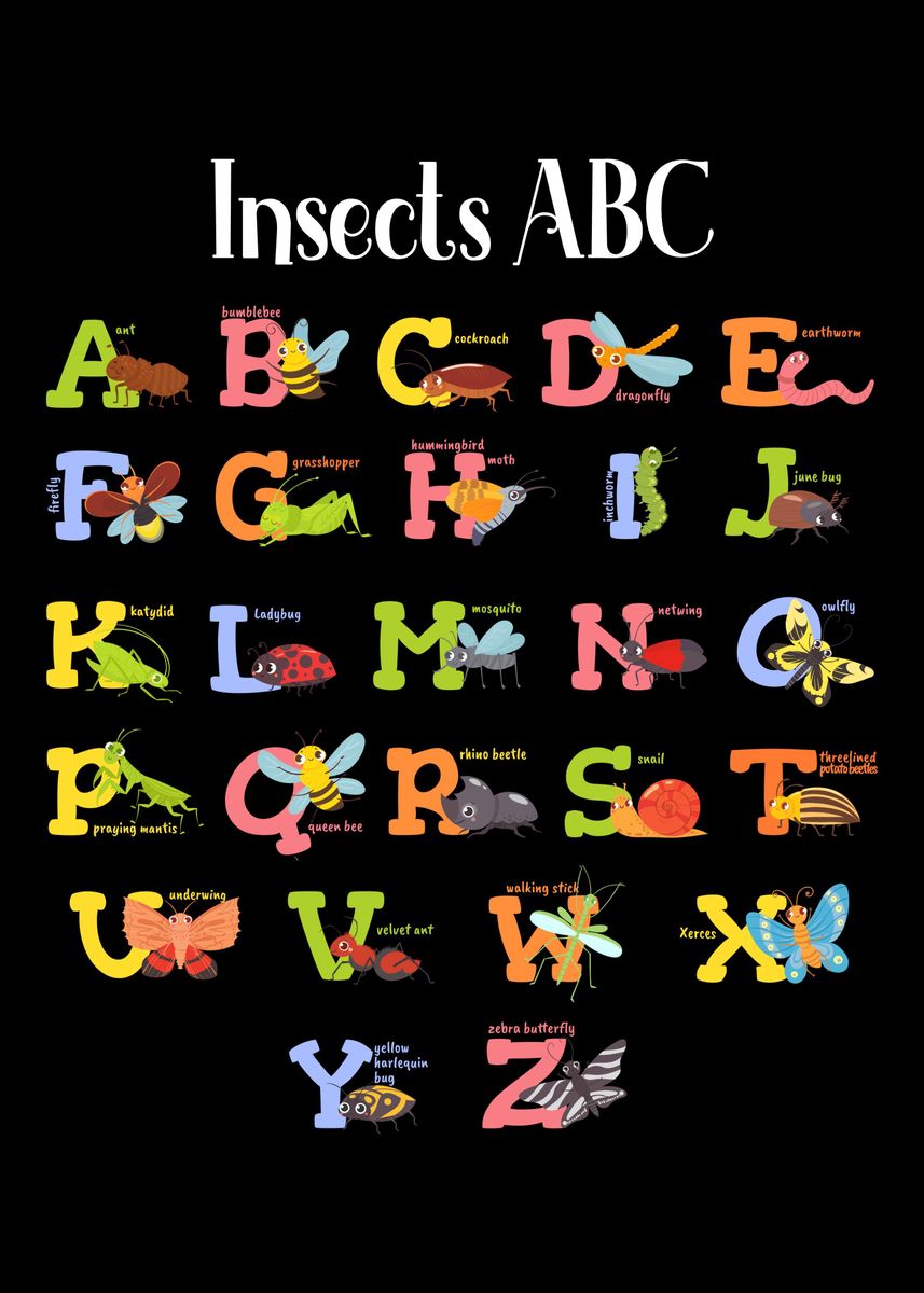 'Insects Alphabet Learning' Poster, picture, metal print, paint by ...