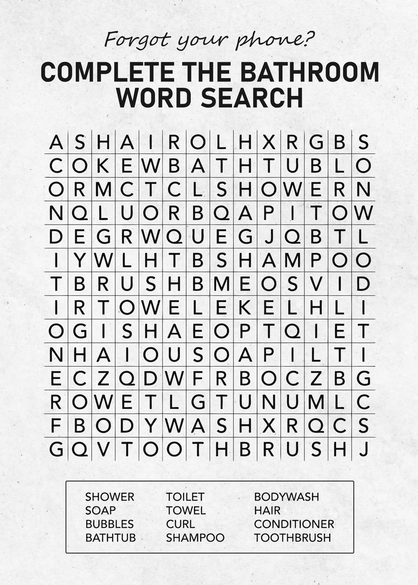 'Bathroom Word Search' Poster, picture, metal print, paint by Wall Art ...