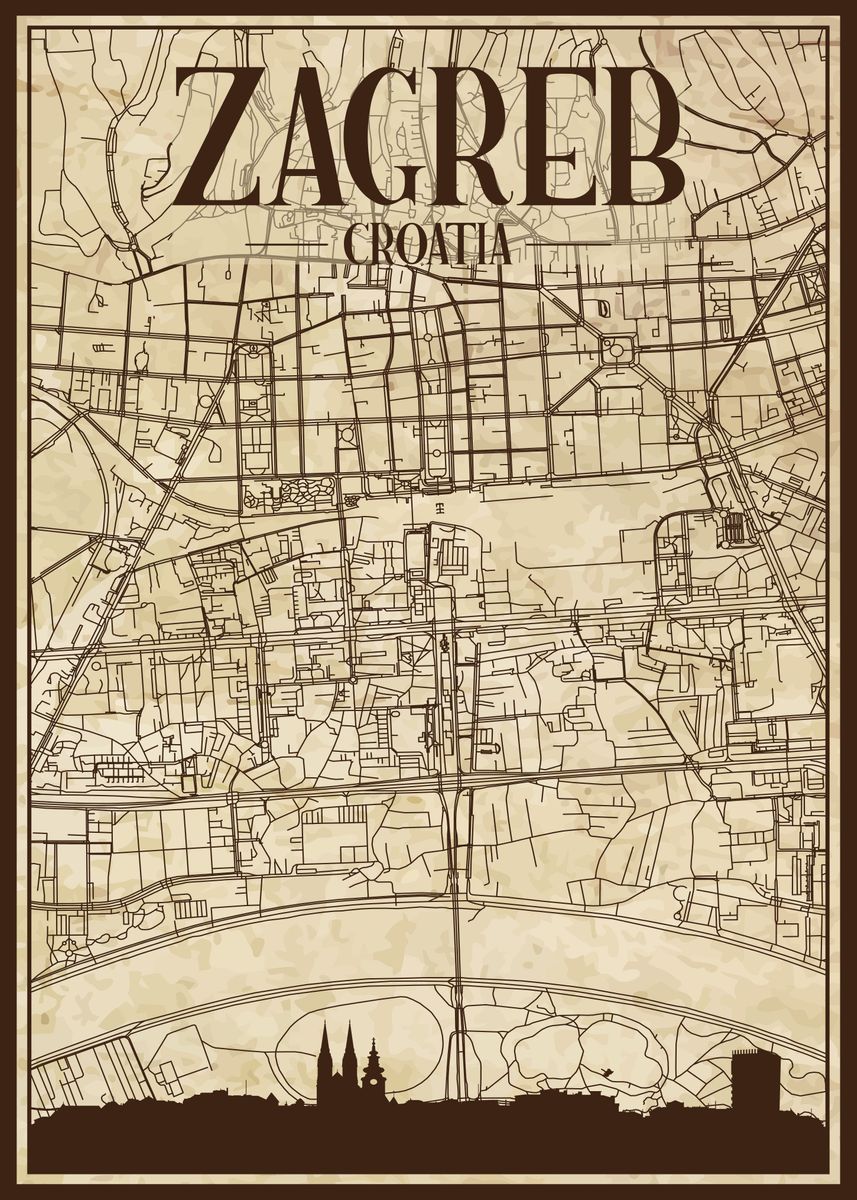 'Zagreb Map Skyline' Poster, picture, metal print, paint by Fateh ...
