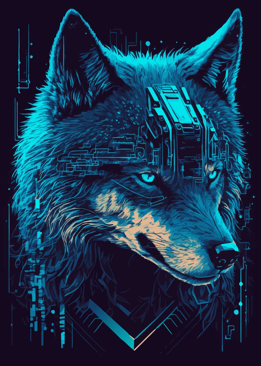 'Cyber Wolf Animal' Poster, picture, metal print, paint by NikoB | Displate