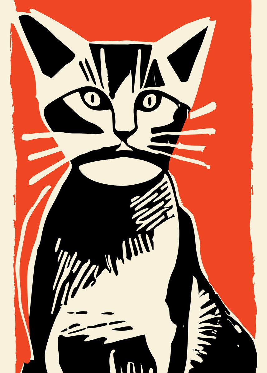 'Cat Linocut Poster' Poster, picture, metal print, paint by ...