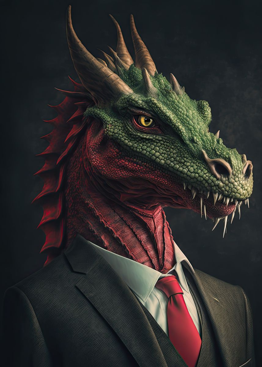 'red dragon wearing a suit ' Poster, picture, metal print, paint by ...