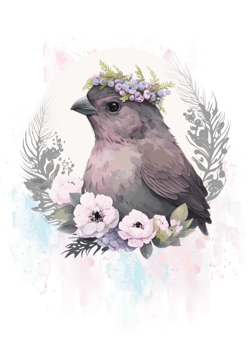 'Floral Finch Bird Painting' Poster, picture, metal print, paint by ...